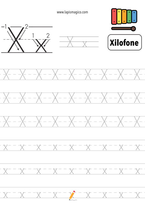 Letra X do alfabeto português, fichas para crianças